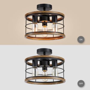 LOOYD Semi Flush Mount Ceiling Light Fixture Vintage Ceiling Light Farmhouse Ceiling Light Metal Cage Ceiling Lamp for Kitchen Dining Room Hallwa Bedroom Living Room (Wood Grain)