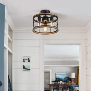 LOOYD Semi Flush Mount Ceiling Light Fixture Vintage Ceiling Light Farmhouse Ceiling Light Metal Cage Ceiling Lamp for Kitchen Dining Room Hallwa Bedroom Living Room (Wood Grain)