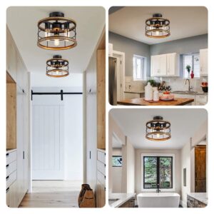 LOOYD Semi Flush Mount Ceiling Light Fixture Vintage Ceiling Light Farmhouse Ceiling Light Metal Cage Ceiling Lamp for Kitchen Dining Room Hallwa Bedroom Living Room (Wood Grain)