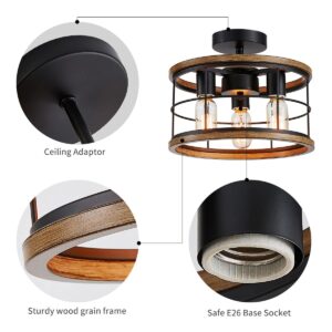 LOOYD Semi Flush Mount Ceiling Light Fixture Vintage Ceiling Light Farmhouse Ceiling Light Metal Cage Ceiling Lamp for Kitchen Dining Room Hallwa Bedroom Living Room (Wood Grain)