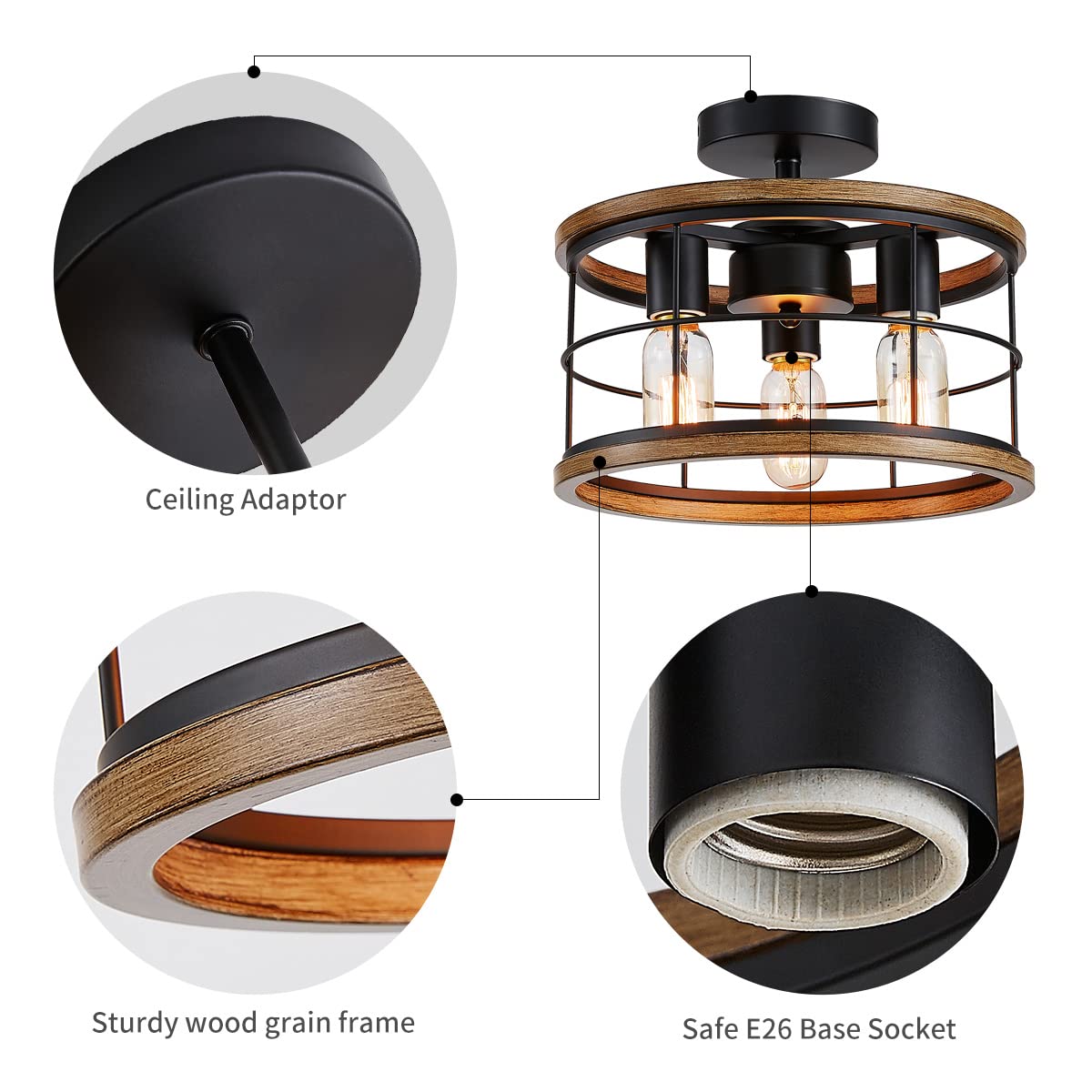 LOOYD Semi Flush Mount Ceiling Light Fixture Vintage Ceiling Light Farmhouse Ceiling Light Metal Cage Ceiling Lamp for Kitchen Dining Room Hallwa Bedroom Living Room (Wood Grain)