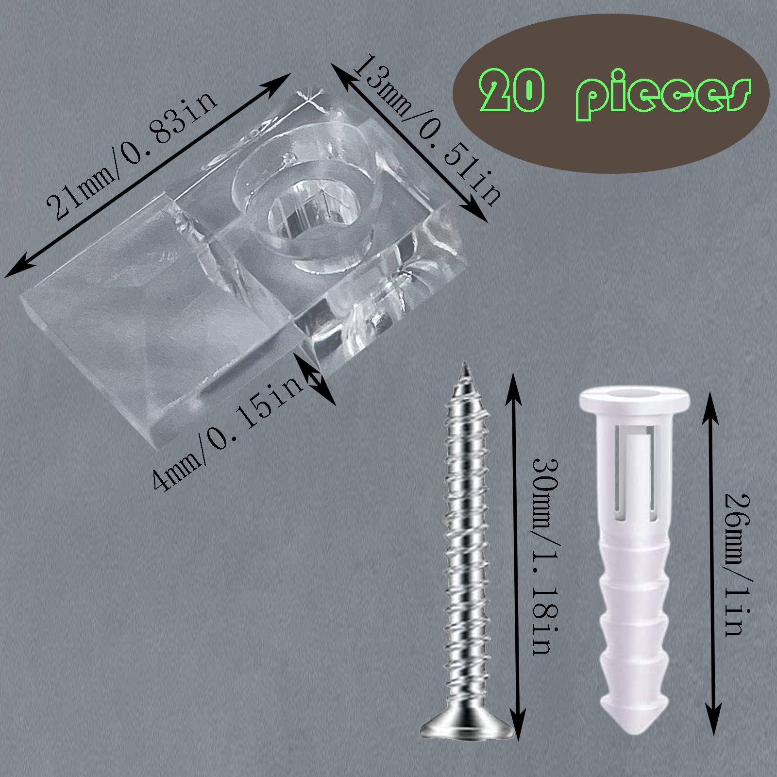 20-Piece Mirror Holder Clip Glass Crystal Clear Plastic Mirror Clip Fixing Clip Kit with Screws and Mirror Hanging Kit (Silver)