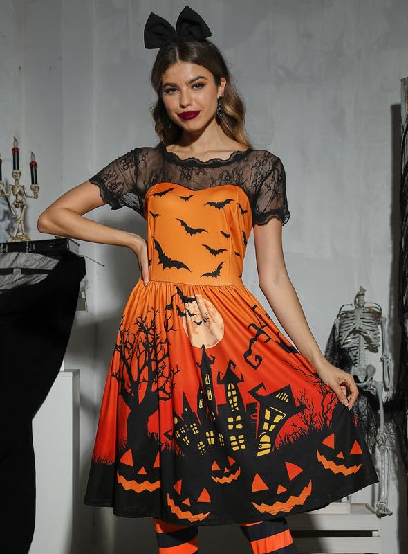 Spadehill Women Halloween Swing Party Costume Vintage Lace Sleeves Pumpkin Bat Witch Dress Pumpkin Castle Orange S