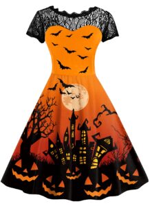 spadehill women halloween swing party costume vintage lace sleeves pumpkin bat witch dress pumpkin castle orange s