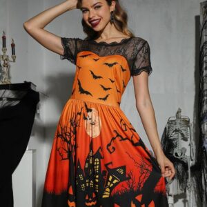 Spadehill Women Halloween Swing Party Costume Vintage Lace Sleeves Pumpkin Bat Witch Dress Pumpkin Castle Orange S