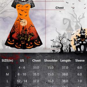 Spadehill Women Halloween Swing Party Costume Vintage Lace Sleeves Pumpkin Bat Witch Dress Pumpkin Castle Orange S