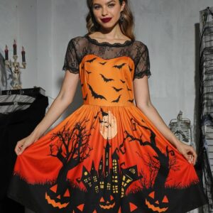 Spadehill Women Halloween Swing Party Costume Vintage Lace Sleeves Pumpkin Bat Witch Dress Pumpkin Castle Orange S