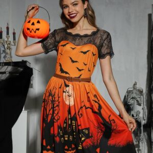 Spadehill Women Halloween Swing Party Costume Vintage Lace Sleeves Pumpkin Bat Witch Dress Pumpkin Castle Orange S