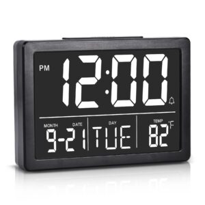 amgico digital alarm clock with snooze, small clock/table clock, 6.3" led digital calendar, 12/24h, adjustable brightness/volume, desk clock for bedroom, living room, office - black