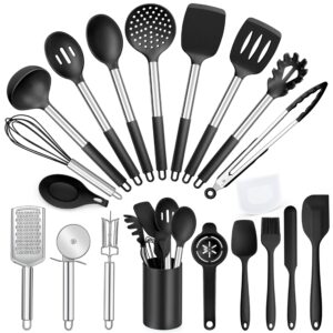 p&p chef kitchen utensils set (20pcs), black cooking utensil kit heat-proof silicone cookware with stainless steel handles, non-stick & non-toxic, heavy duty & dishwasher safe