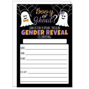 20 ghost ghoul or boo-y gender reveal invitations with envelopes - purple and orange