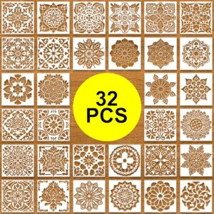 32 pcs 6 x 6 inch mandala painting stencils, stencils for painting on wood, rangoli stencils, art supplies, flower stencils painting template for floor wall tile fabric wood stencils diy decor