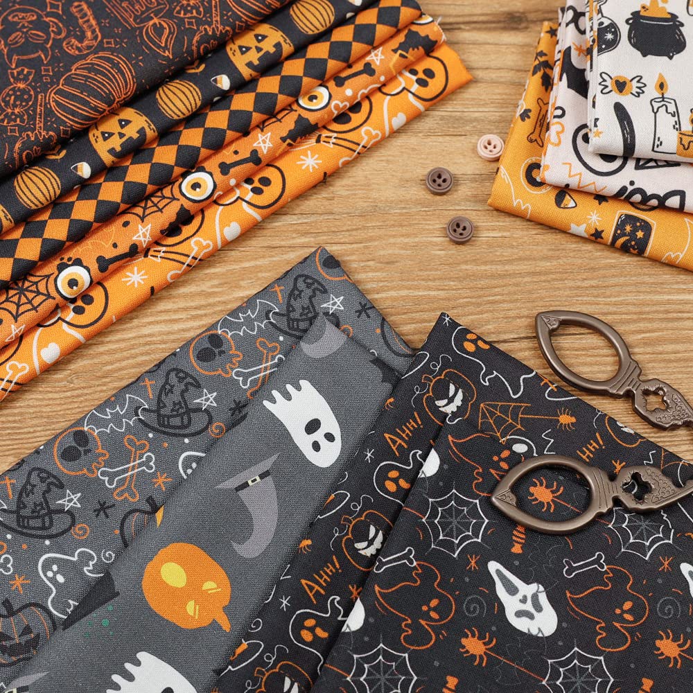 CEYOU Zyoug 12pcs 18x 10.5 inches (46 x 27 cm) 100 percent Cotton Fabric with 12 Different Pattern, Precut Fat Eighth Bundle Fabric for Patchwork DIY Craft Sewing (Halloween Pattern)