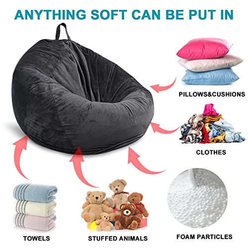 MFTEK Bean Bag Chair Cover(No Filling), Large Washable Soft Velvet Bean Bag, Stuffed Animal Storage or Memory Foam for Kid Adults, 35’’×35’’×43’’ (Charcoal)