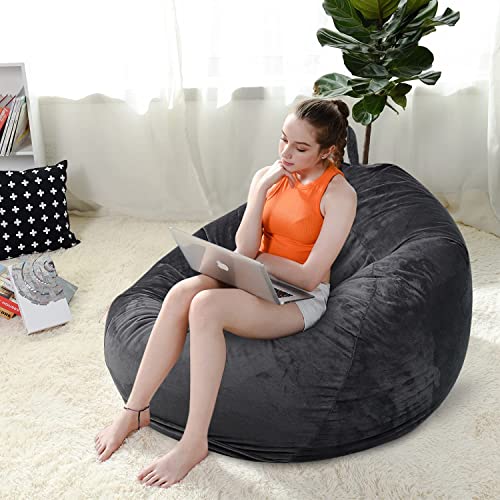 MFTEK Bean Bag Chair Cover(No Filling), Large Washable Soft Velvet Bean Bag, Stuffed Animal Storage or Memory Foam for Kid Adults, 35’’×35’’×43’’ (Charcoal)