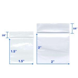 400 Pack 2 Mil Small Clear Plastic Reclosable Bags, 2 Assorted Sizes, 1.5x1.5 Inch, 2x2 Inch Clear Durable Plastic Resealable Zipper Baggies for Jewelry, Beads, Pill, Storage, Shipping & Packaging