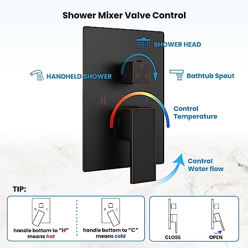 gotonovo Oil Rubbed Bronze Shower System Wall Mount Triple Function Bathroom Shower Faucet Set High Pressure Square 10" Rain Showerhead Tub Shower Faucet with Hand Shower Rough-In Valve