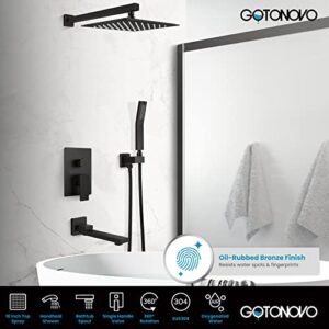 gotonovo Oil Rubbed Bronze Shower System Wall Mount Triple Function Bathroom Shower Faucet Set High Pressure Square 10" Rain Showerhead Tub Shower Faucet with Hand Shower Rough-In Valve