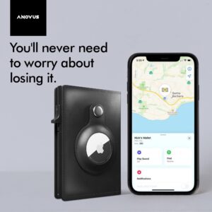 Anovus AirTag Wallet (Black) | Trackable Wallet with AirTag Holder | RFID-Blocking Minimalist Leather Wallet | Slim Leather Airtag Wallet - Men and Women| Smart Wallet - AirTag Not Included