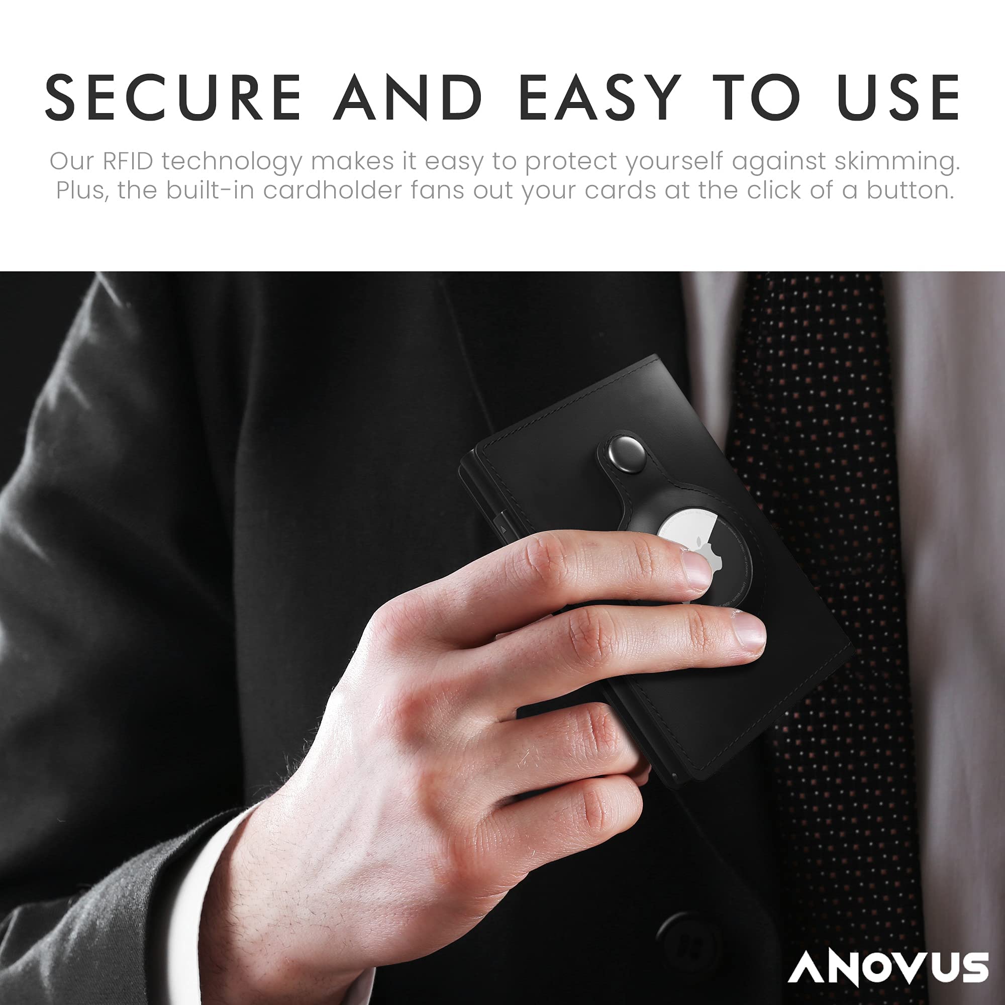 Anovus AirTag Wallet (Black) | Trackable Wallet with AirTag Holder | RFID-Blocking Minimalist Leather Wallet | Slim Leather Airtag Wallet - Men and Women| Smart Wallet - AirTag Not Included