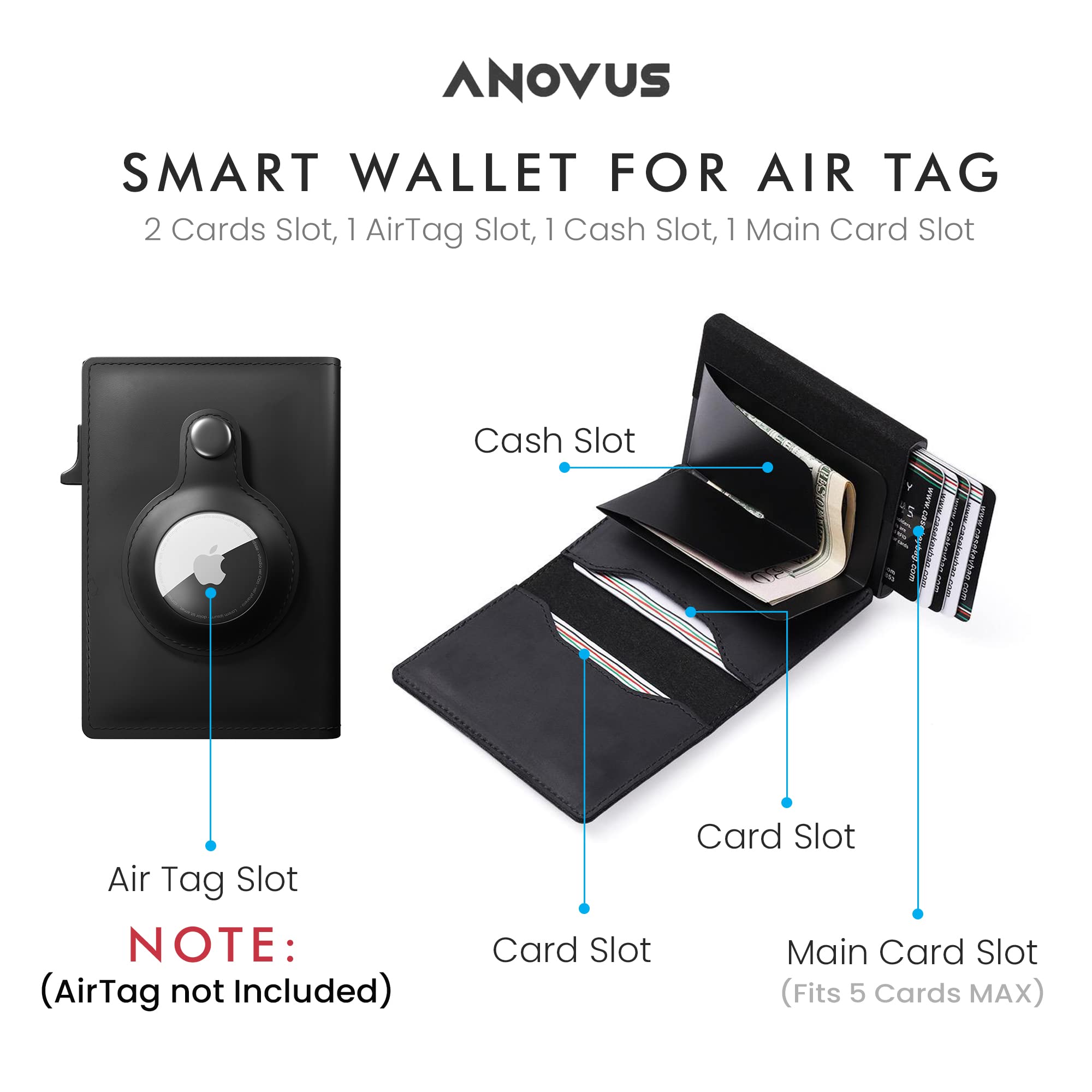 Anovus AirTag Wallet (Black) | Trackable Wallet with AirTag Holder | RFID-Blocking Minimalist Leather Wallet | Slim Leather Airtag Wallet - Men and Women| Smart Wallet - AirTag Not Included