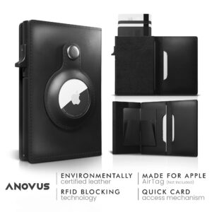 Anovus AirTag Wallet (Black) | Trackable Wallet with AirTag Holder | RFID-Blocking Minimalist Leather Wallet | Slim Leather Airtag Wallet - Men and Women| Smart Wallet - AirTag Not Included