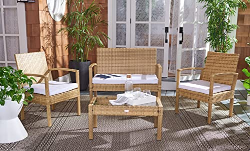 SAFAVIEH Outdoor Collection Bassey Natural/White Cushion 4-Piece Conversation Patio Set PAT7507D