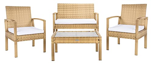 SAFAVIEH Outdoor Collection Bassey Natural/White Cushion 4-Piece Conversation Patio Set PAT7507D