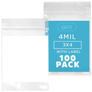 gpi - 3" x 4" - bulk pack of 100, 4 mil thick, heavy duty, clear plastic reclosable zip bags, with write-on white block for labeling, strong & durable poly baggies with resealable zipper top lock.