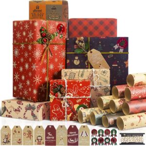 rancco christmas wrapping paper set, 10 sheet recyclable kraft gift wrapping paper w/ 8 pc gift sticker tag, christmas ribbon for xmas gift wrap, present decoration, diy craft, 27.5x19.7inch per sheet