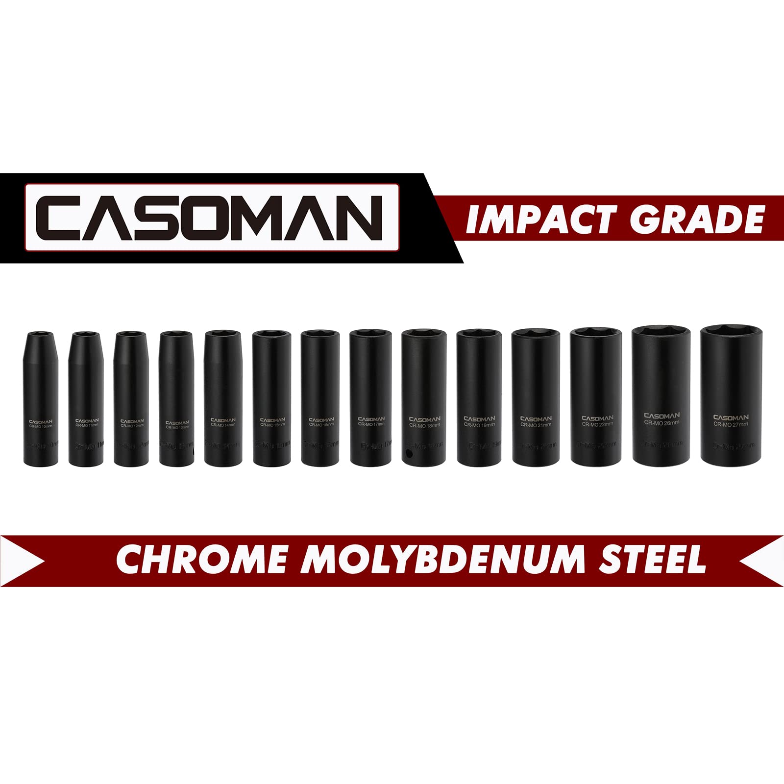 CASOMAN 1/2-Inch Drive Deep Impact Socket Set, 14 Pieces Set, 10mm-27mm, CR-MO, Metric, Heavy Duty Storage Case