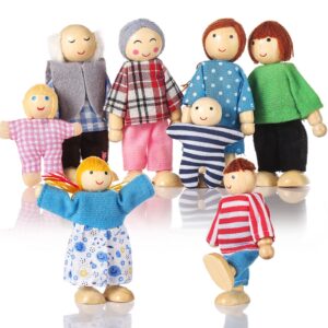 jzszera wooden doll house people of 8 figures, dolls family set for girls toddler kids dollhouse accessories toy