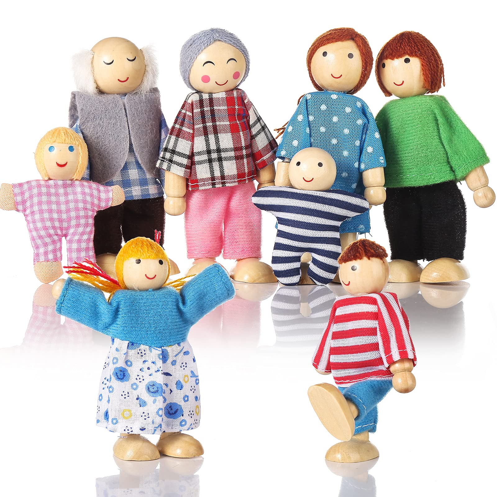 Jzszera Wooden Doll House People of 8 Figures, Dolls Family Set for Girls Toddler Kids Dollhouse Accessories Toy