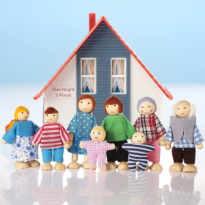 Jzszera Wooden Doll House People of 8 Figures, Dolls Family Set for Girls Toddler Kids Dollhouse Accessories Toy