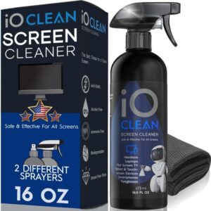 screen cleaner spray (16oz) – best large cleaning kit for lcd led oled tv, smartphone, ipad, laptop, touchscreen, computer monitor, other electronic devices – microfiber cloth wipes and 2 nozzles