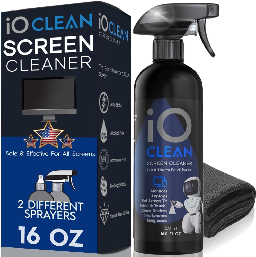 Screen Cleaner Spray (16oz) – Best Large Cleaning Kit for LCD LED OLED TV, Smartphone, iPad, Laptop, Touchscreen, Computer Monitor, Other Electronic Devices – Microfiber Cloth Wipes and 2 Nozzles