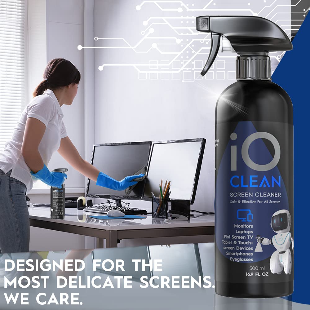 Screen Cleaner Spray (16oz) – Best Large Cleaning Kit for LCD LED OLED TV, Smartphone, iPad, Laptop, Touchscreen, Computer Monitor, Other Electronic Devices – Microfiber Cloth Wipes and 2 Nozzles