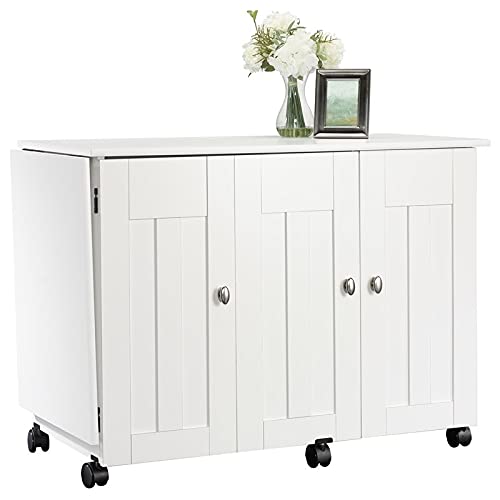 BOWERY HILL Engineered Wood Drop-Leaf Sewing or Craft Table with Melamine Top Surface, Storage Behind Roll-Open Door, Easy-roll Casters in Soft White