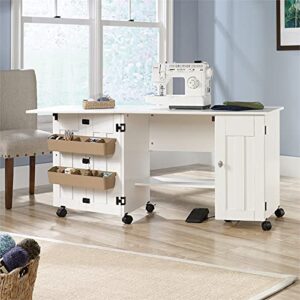 BOWERY HILL Engineered Wood Drop-Leaf Sewing or Craft Table with Melamine Top Surface, Storage Behind Roll-Open Door, Easy-roll Casters in Soft White