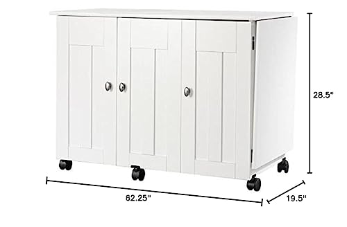 BOWERY HILL Engineered Wood Drop-Leaf Sewing or Craft Table with Melamine Top Surface, Storage Behind Roll-Open Door, Easy-roll Casters in Soft White