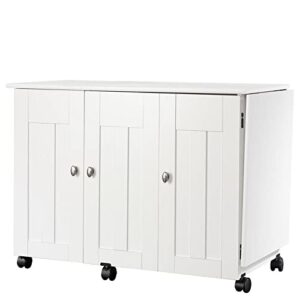 BOWERY HILL Engineered Wood Drop-Leaf Sewing or Craft Table with Melamine Top Surface, Storage Behind Roll-Open Door, Easy-roll Casters in Soft White