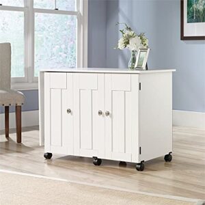 BOWERY HILL Engineered Wood Drop-Leaf Sewing or Craft Table with Melamine Top Surface, Storage Behind Roll-Open Door, Easy-roll Casters in Soft White