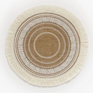 boho print round placemat set of 4 - farmhouse jute table mats with pompom tassel 15 inch place mat for dining room kitchen table decor (set f2)