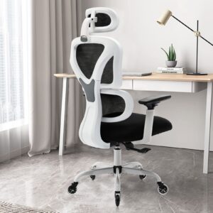 kerdom ergonomic office chair, home desk chair, comfy breathable mesh task high back thick cushion computer chair with headrest and 3d armrests, adjustable height home gaming chair (f-white)