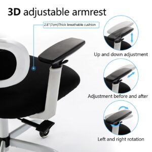 KERDOM Ergonomic Office Chair, Home Desk Chair, Comfy Breathable Mesh Task High Back Thick Cushion Computer Chair with Headrest and 3D Armrests, Adjustable Height Home Gaming Chair (F-White)