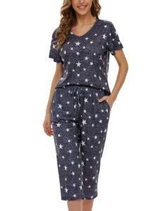 moyee women's pajama set soft lounge outfits short sleeve capri pants with pockets(#01 darkgrey star, large)