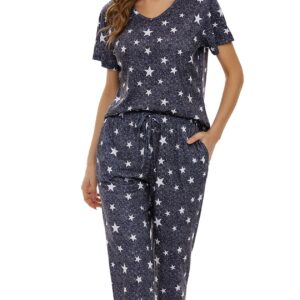 MOYEE Women's Pajama Set Soft Lounge Outfits Short Sleeve Capri Pants with Pockets(#01 Darkgrey Star, Large)