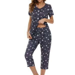 MOYEE Women's Pajama Set Soft Lounge Outfits Short Sleeve Capri Pants with Pockets(#01 Darkgrey Star, Large)