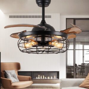 dumaiway 42" industrial retractable ceiling fans with lights, fandelier caged ceiling fan with remote controller for farmhouse/living room/bedroom/restaurant 5 lights 4 fan blades black