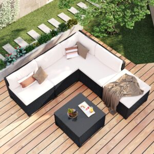 uniroi outdoor furniture sofa set pe rattan black wicker, patio chaise lounge chair with removable cushions and glass coffee table suitable backyard poolside lawn pool garden porch